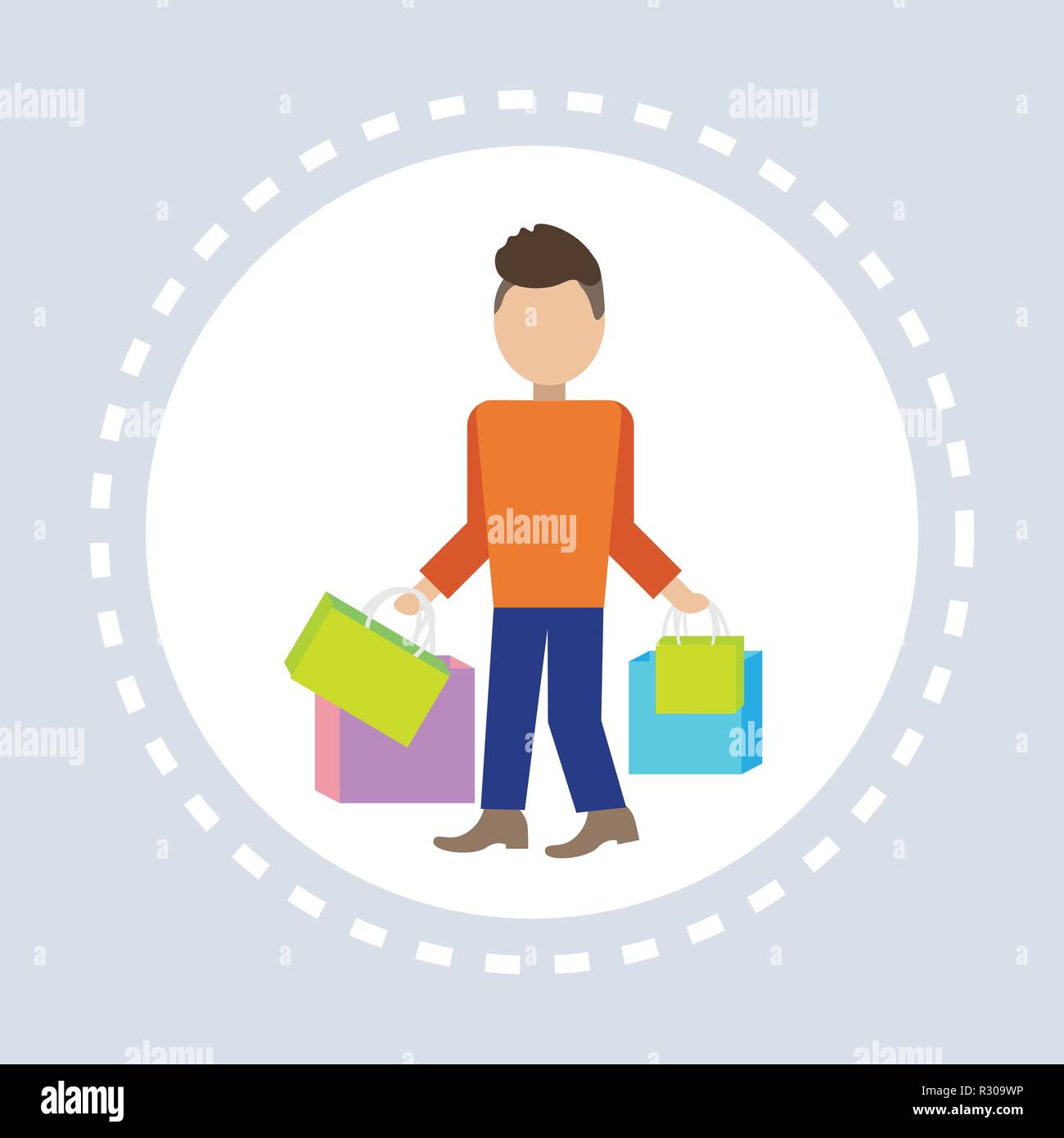 man hold colorful packages paper bags shopping icon concept flat vector ...