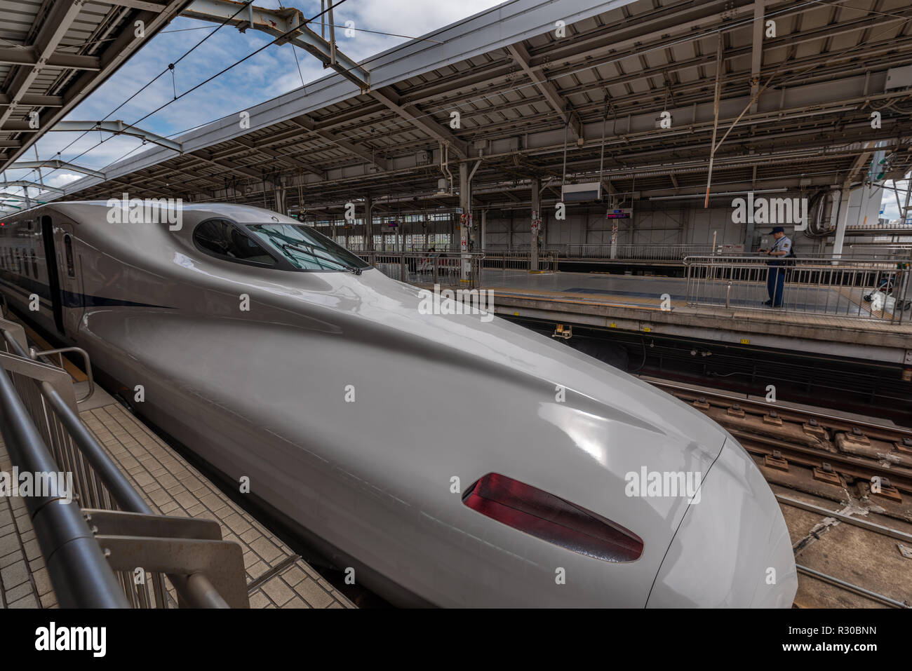 Okayama, JAPAN - July 1, 2017 : Front view of Japanese high-speed train ...