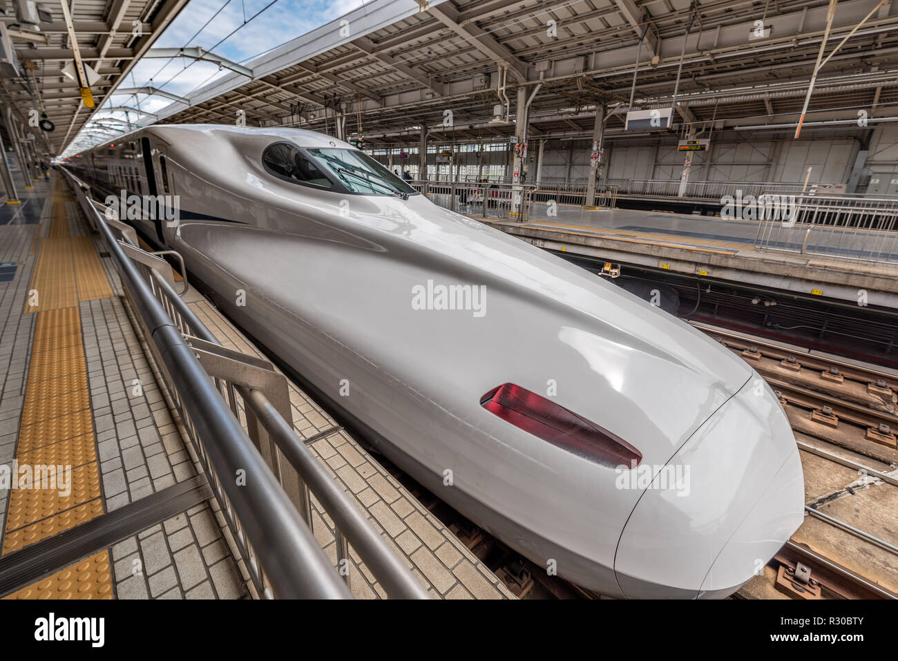 Okayama, JAPAN - July 1, 2017 : Front view of Japanese high-speed train ...