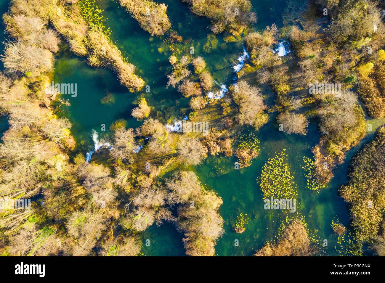 Croatian river Mreznica from air, drone shoot, top down view, Karlovac ...
