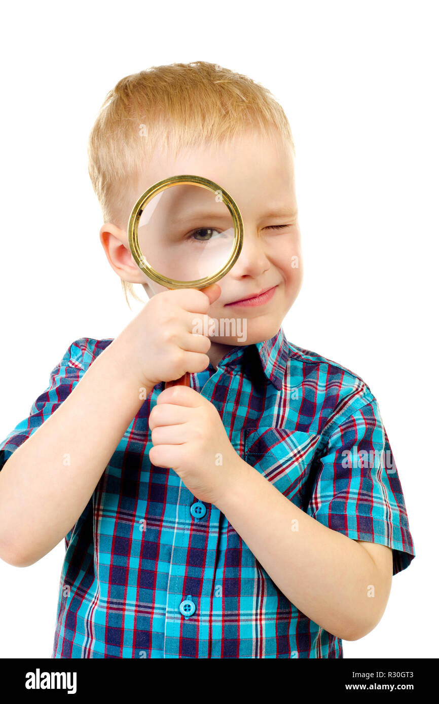 little boy with magnifier isolated on a white background Stock Photo ...