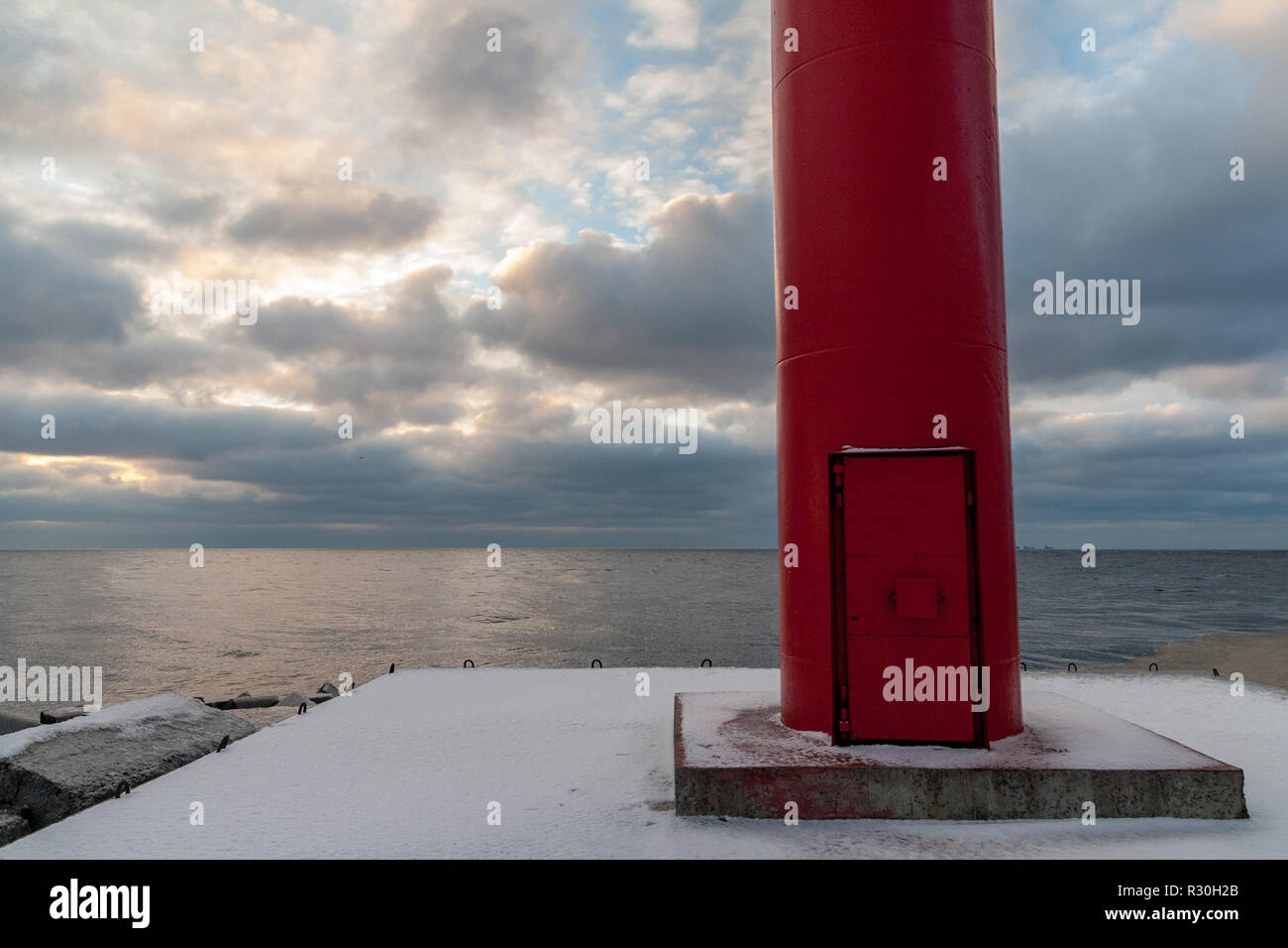 frozen sea side beach panorama in winter with lots of ice and snow in ...