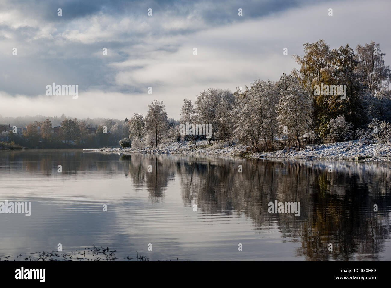 cold and calm morning view by the lake with first snow in winter with ...