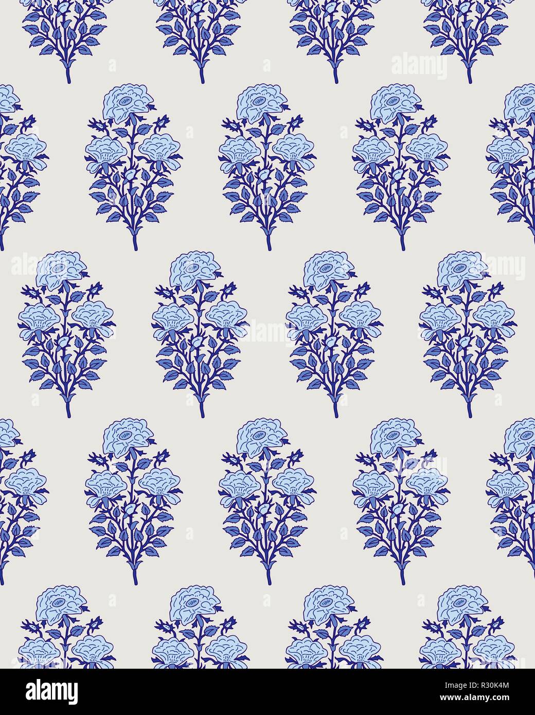 Woodblock printed indigo dye seamless ethnic floral all over pattern ...