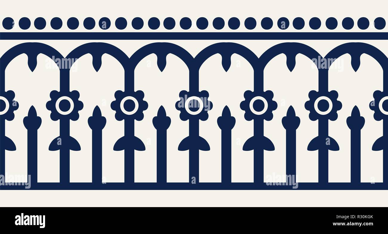 Woodblock printed indigo dye seamless ethnic floral geometric border ...
