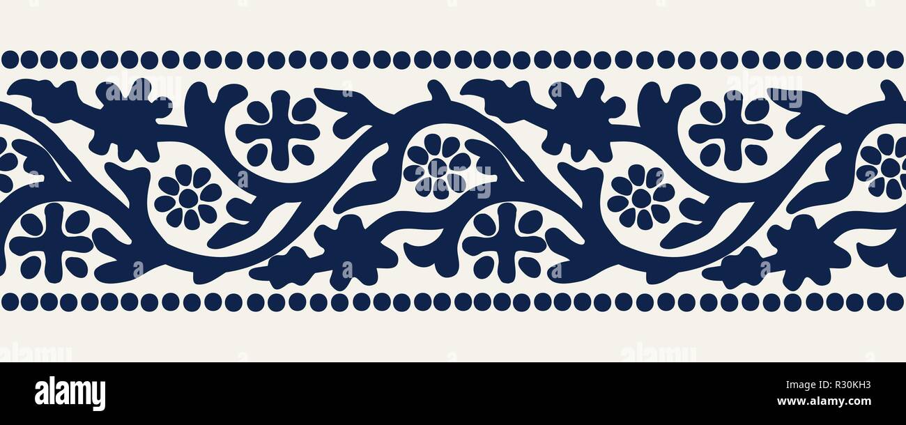 Woodblock printed indigo dye seamless ethnic floral geometric border ...