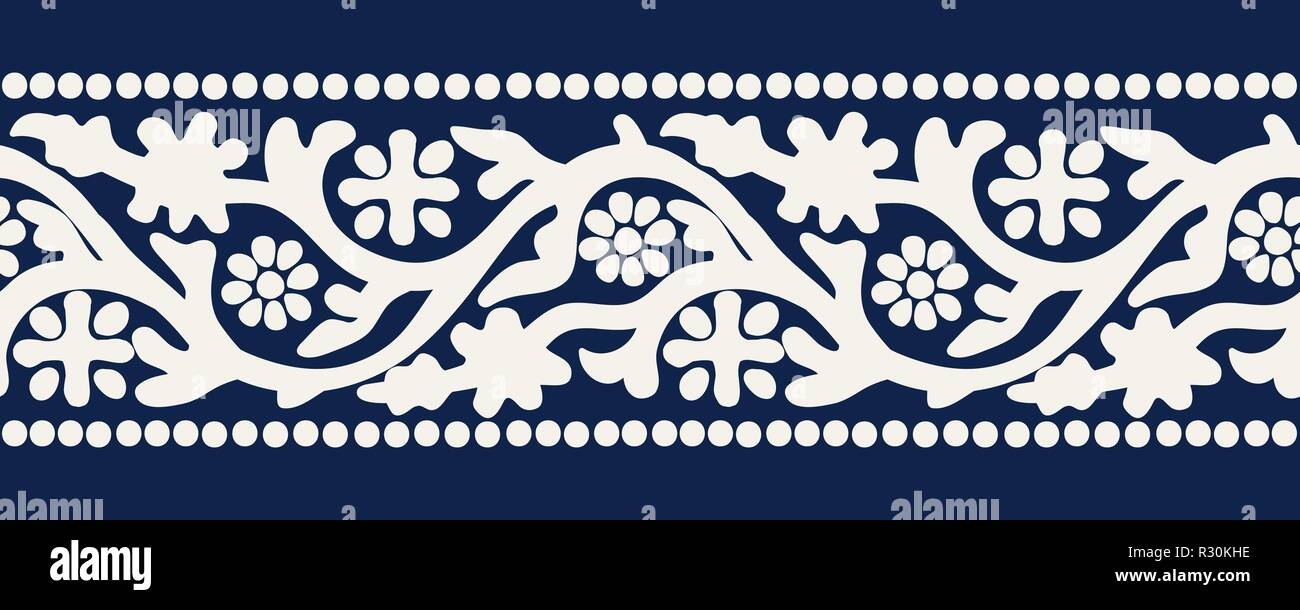 Woodblock printed indigo dye seamless ethnic floral geometric border ...