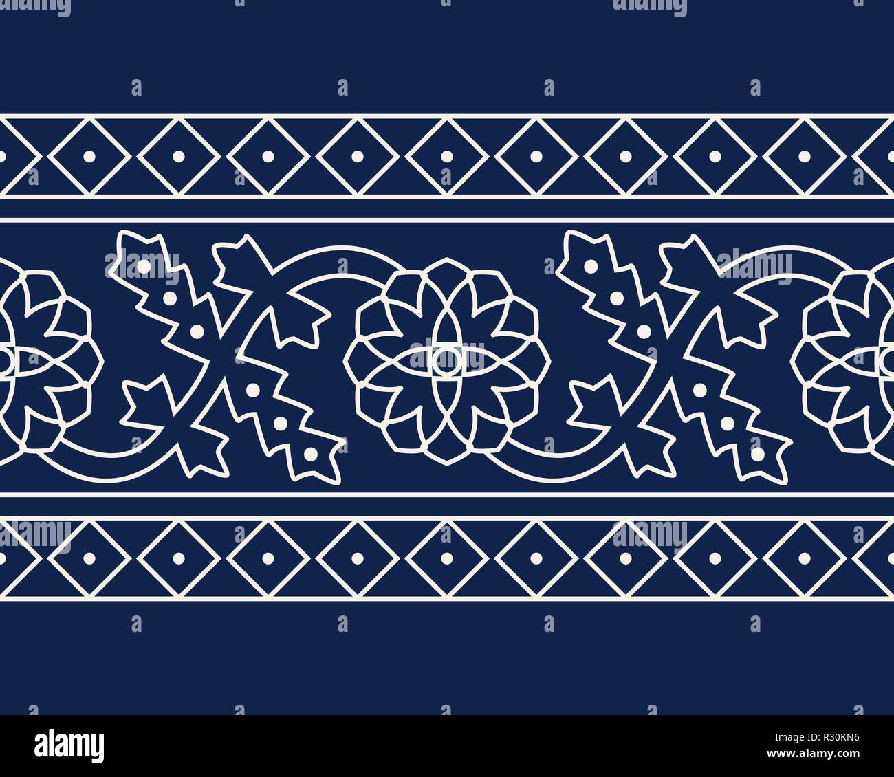 Woodblock printed indigo dye seamless ethnic floral border. Traditional ...