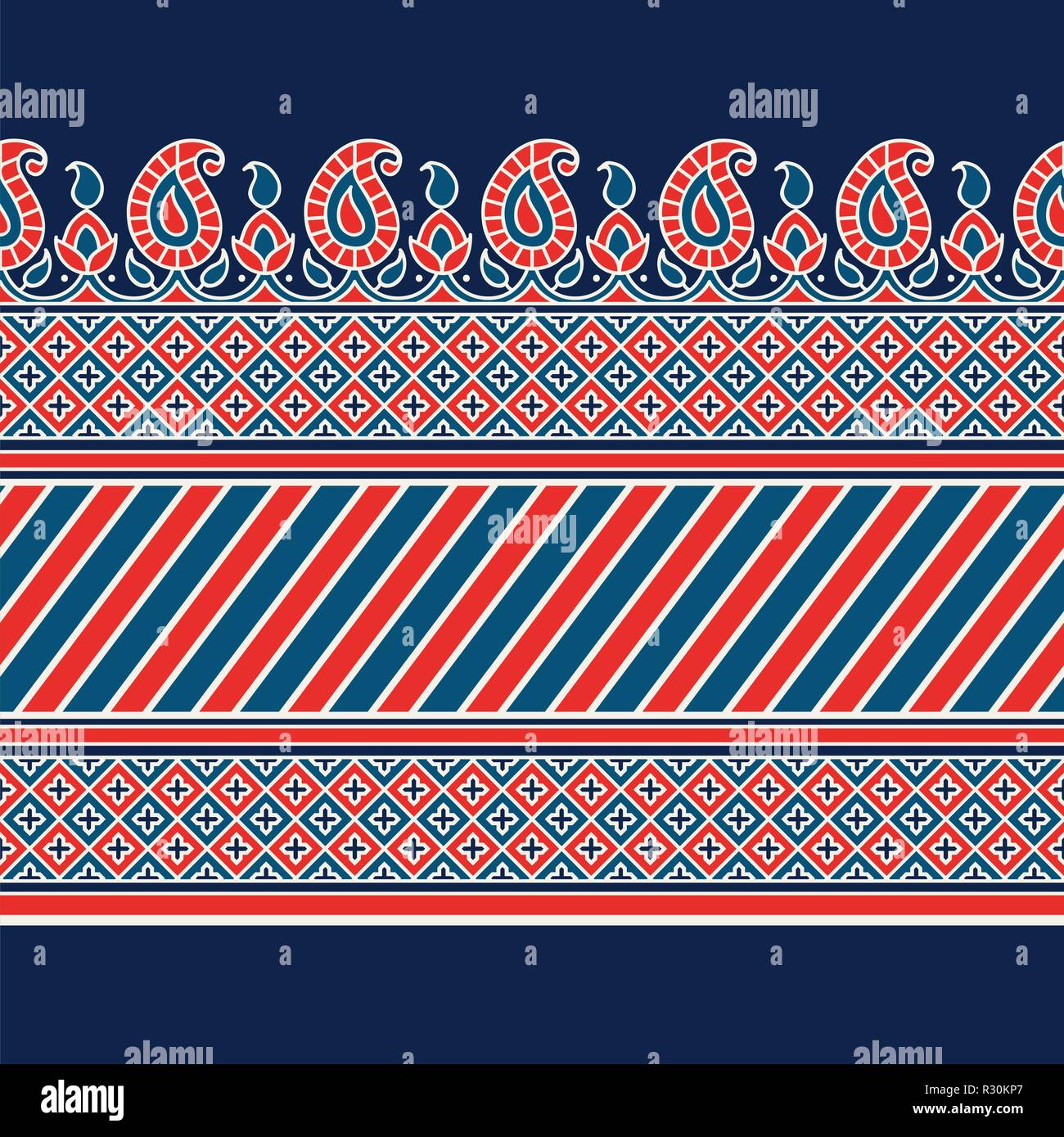 Woodblock printed indigo dye seamless ethnic floral border. Traditional ...