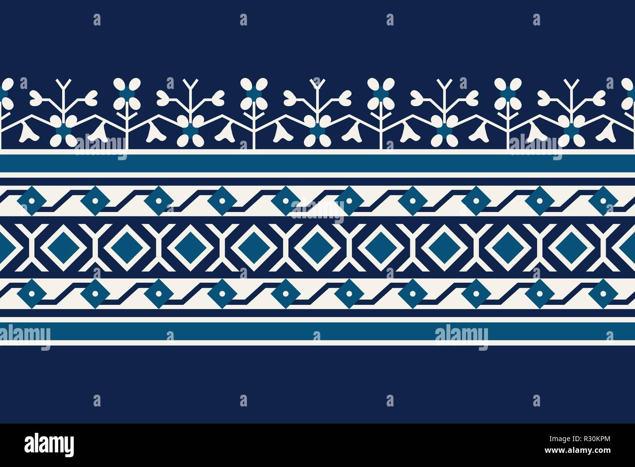 Woodblock printed indigo dye seamless ethnic floral border. Traditional ...