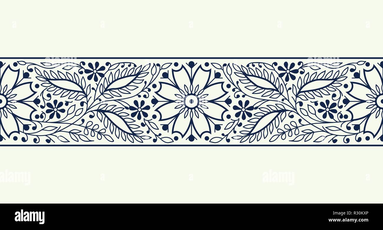 Woodblock printed indigo dye seamless ethnic floral border. Traditional ...