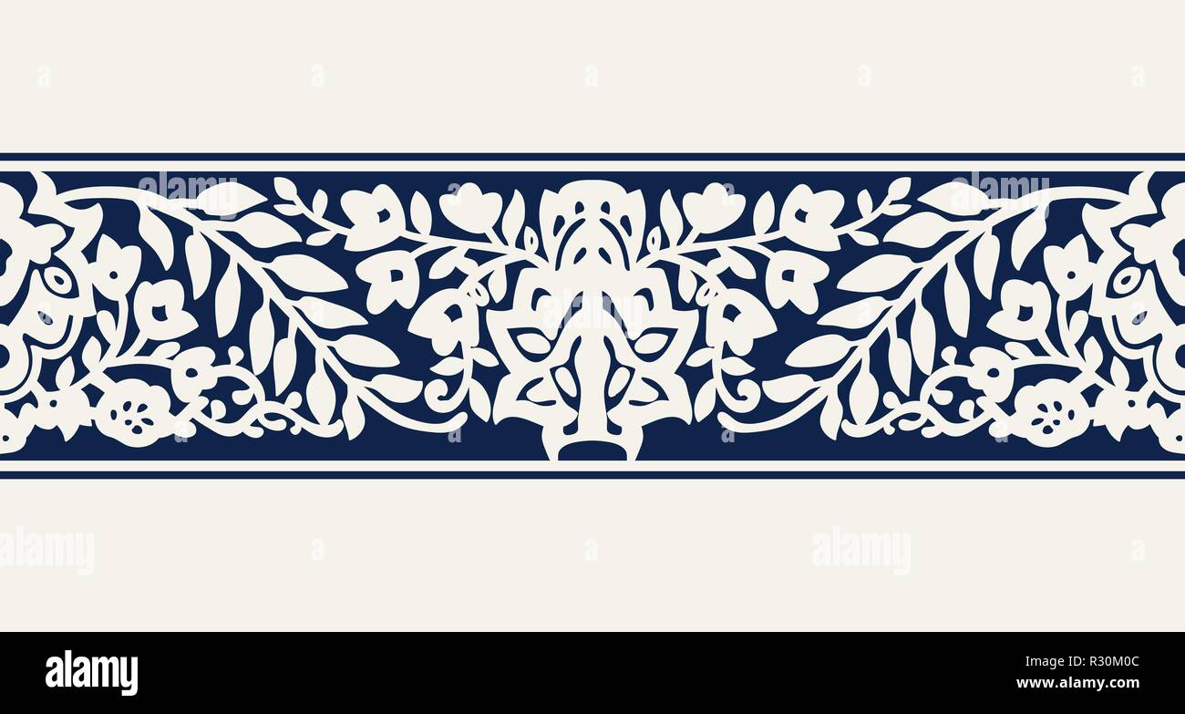 Seamless woodblock printed indigo dye ethnic floral border. Traditional ...