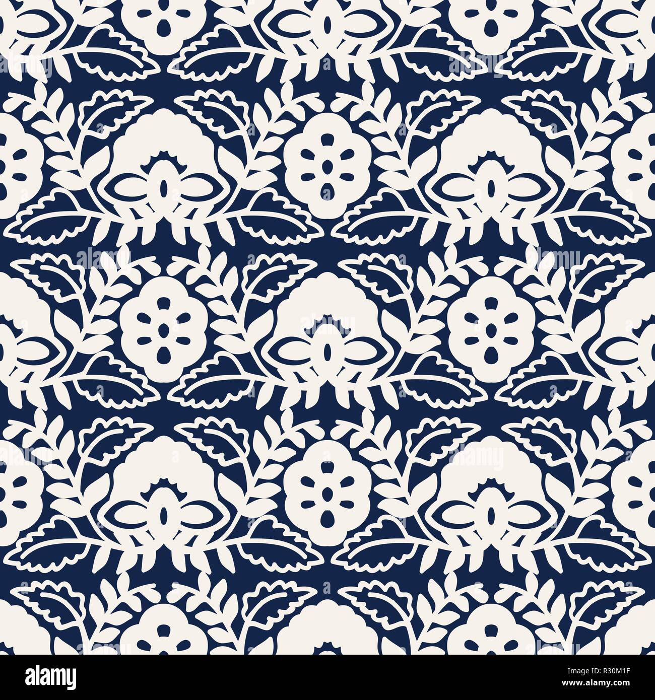 Seamless woodblock printed indigo dye ethnic floral pattern ...