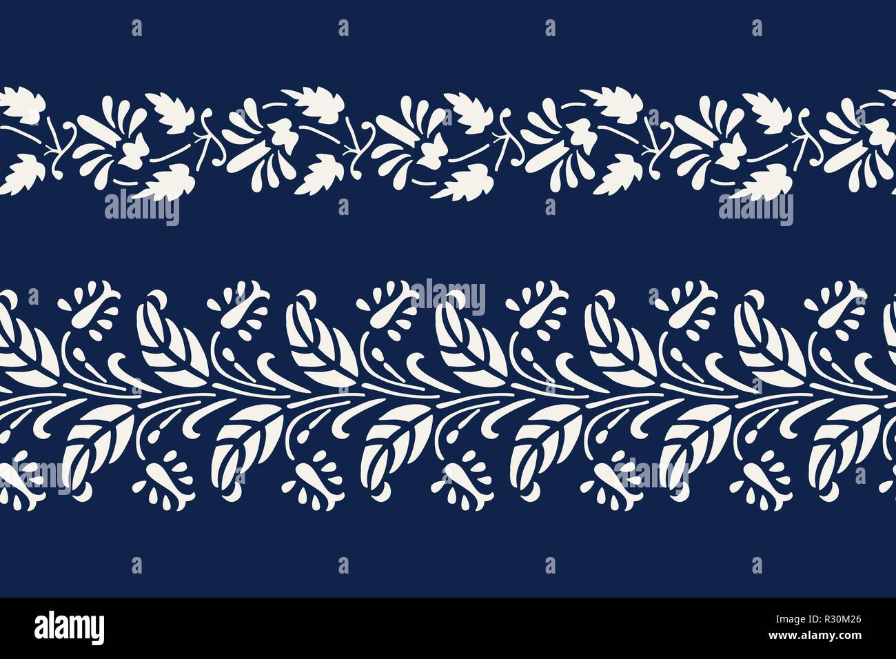 Set of 2 seamless woodblock printed indigo dye ethnic floral borders ...