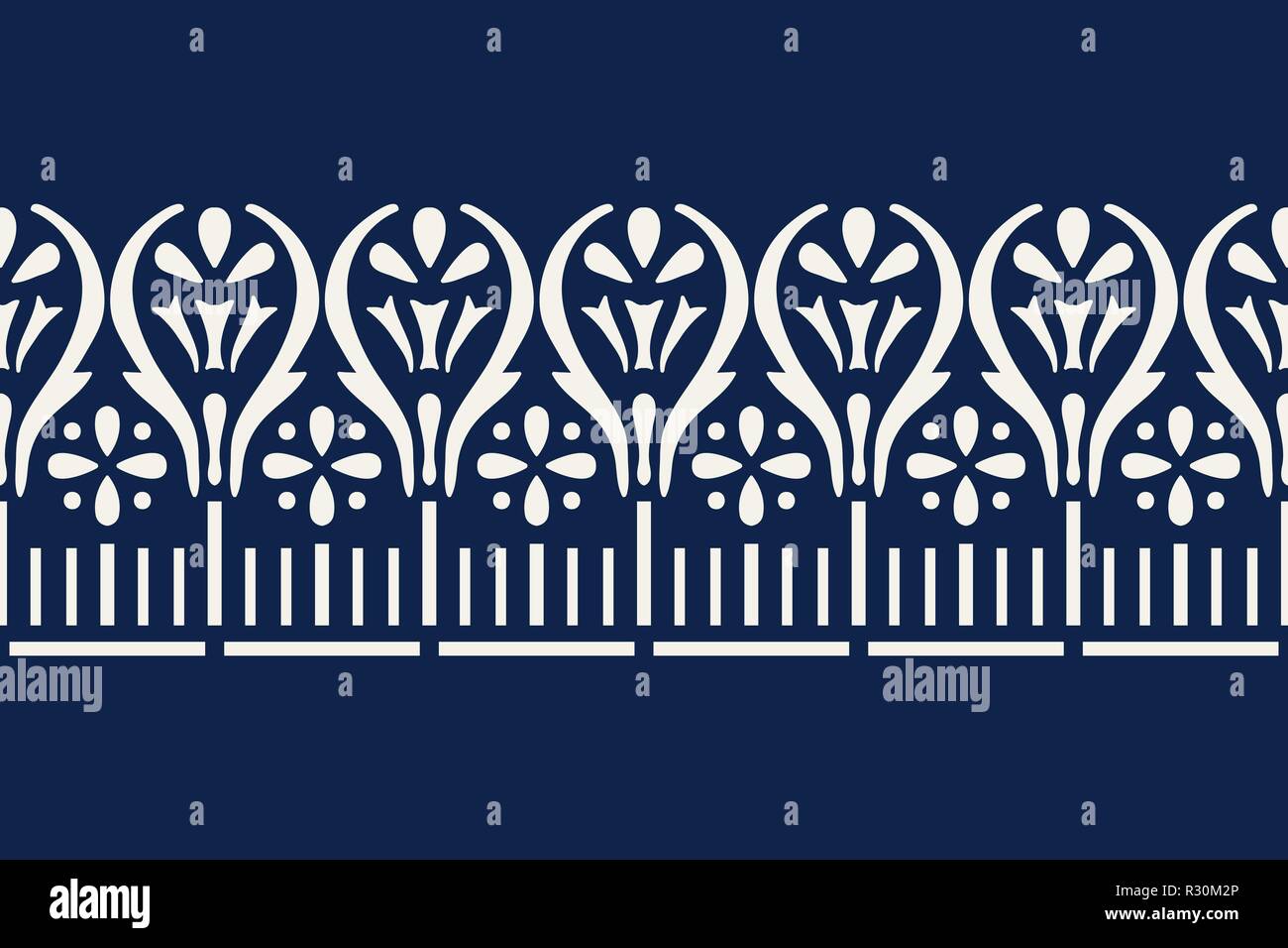 Woodblock printed indigo dye seamless ethnic floral geometric border ...