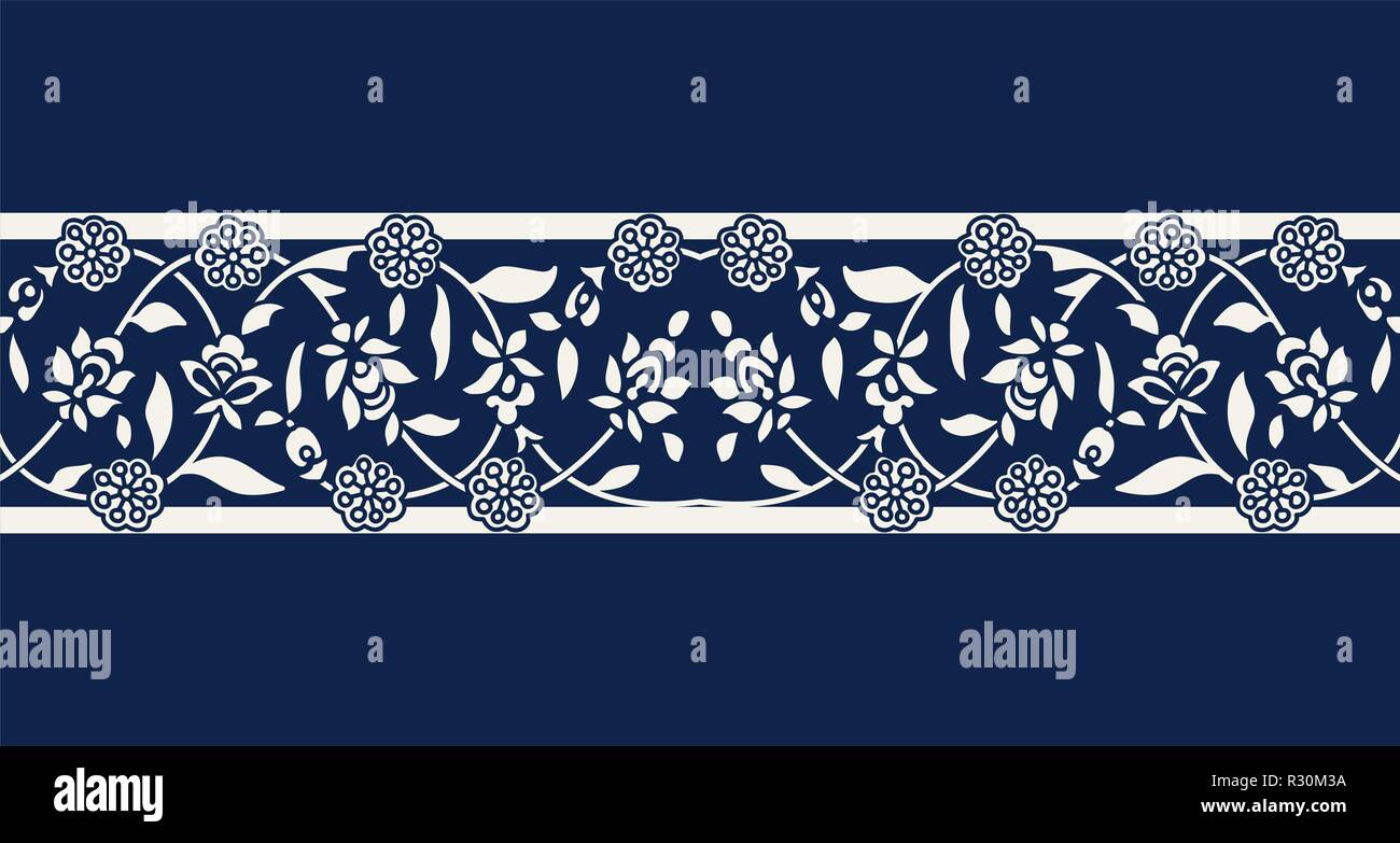 Seamless woodblock printed indigo dye ethnic floral border. Traditional ...