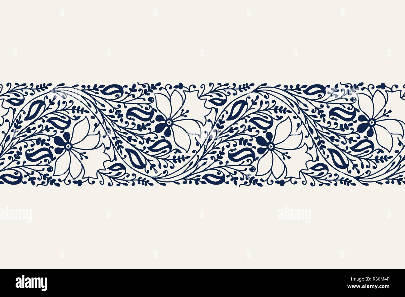 Indigo dye woodblock printed seamless ethnic floral border. Traditional ...