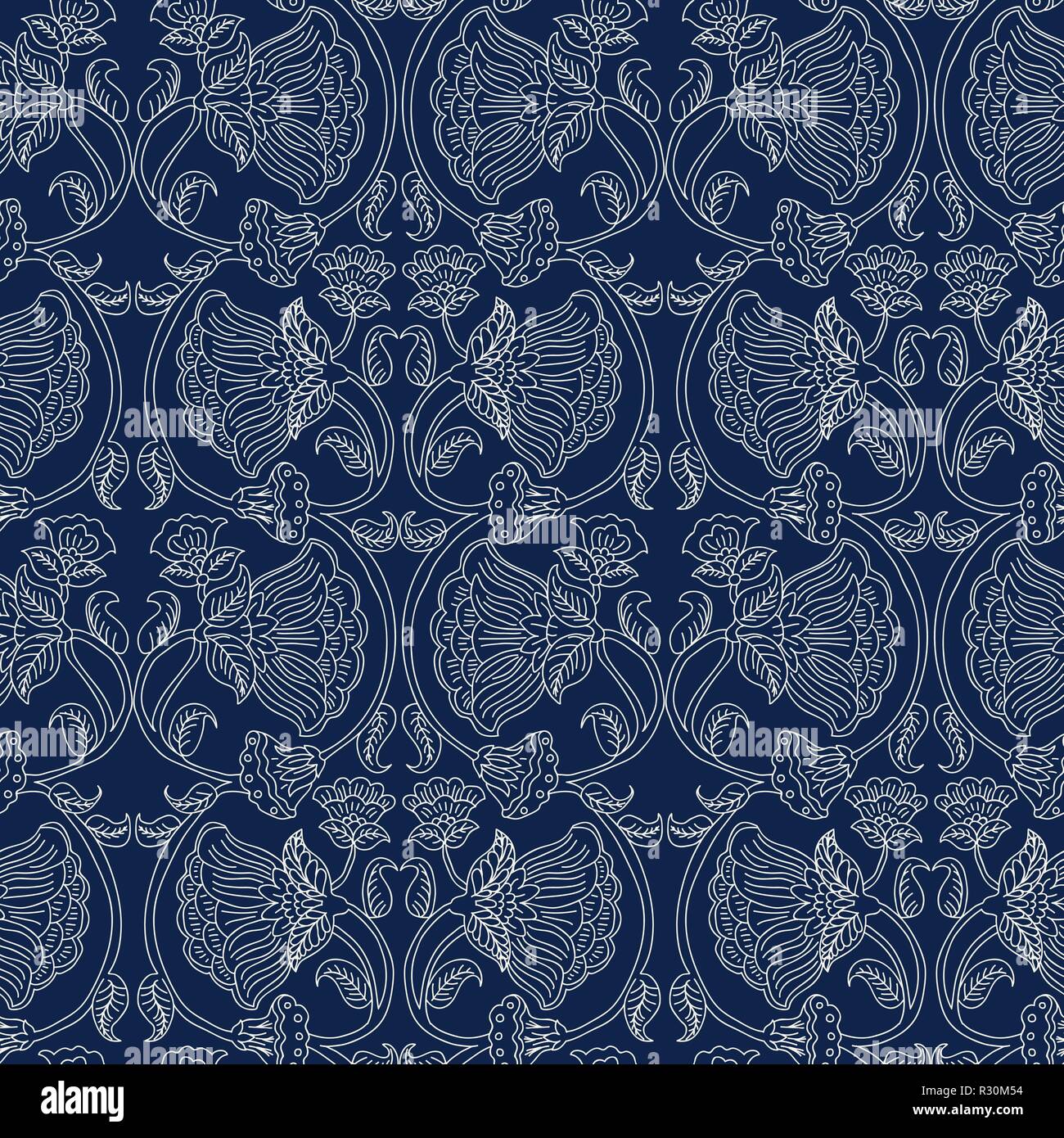 Woodblock printed indigo dye seamless ethnic floral pattern ...