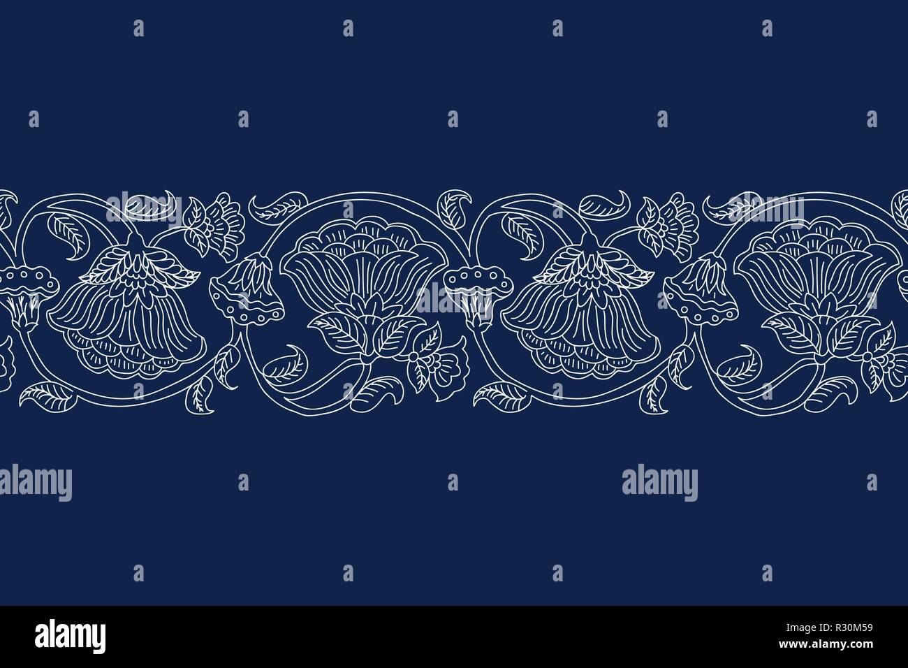 Woodblock printed indigo dye seamless ethnic floral border. Traditional ...