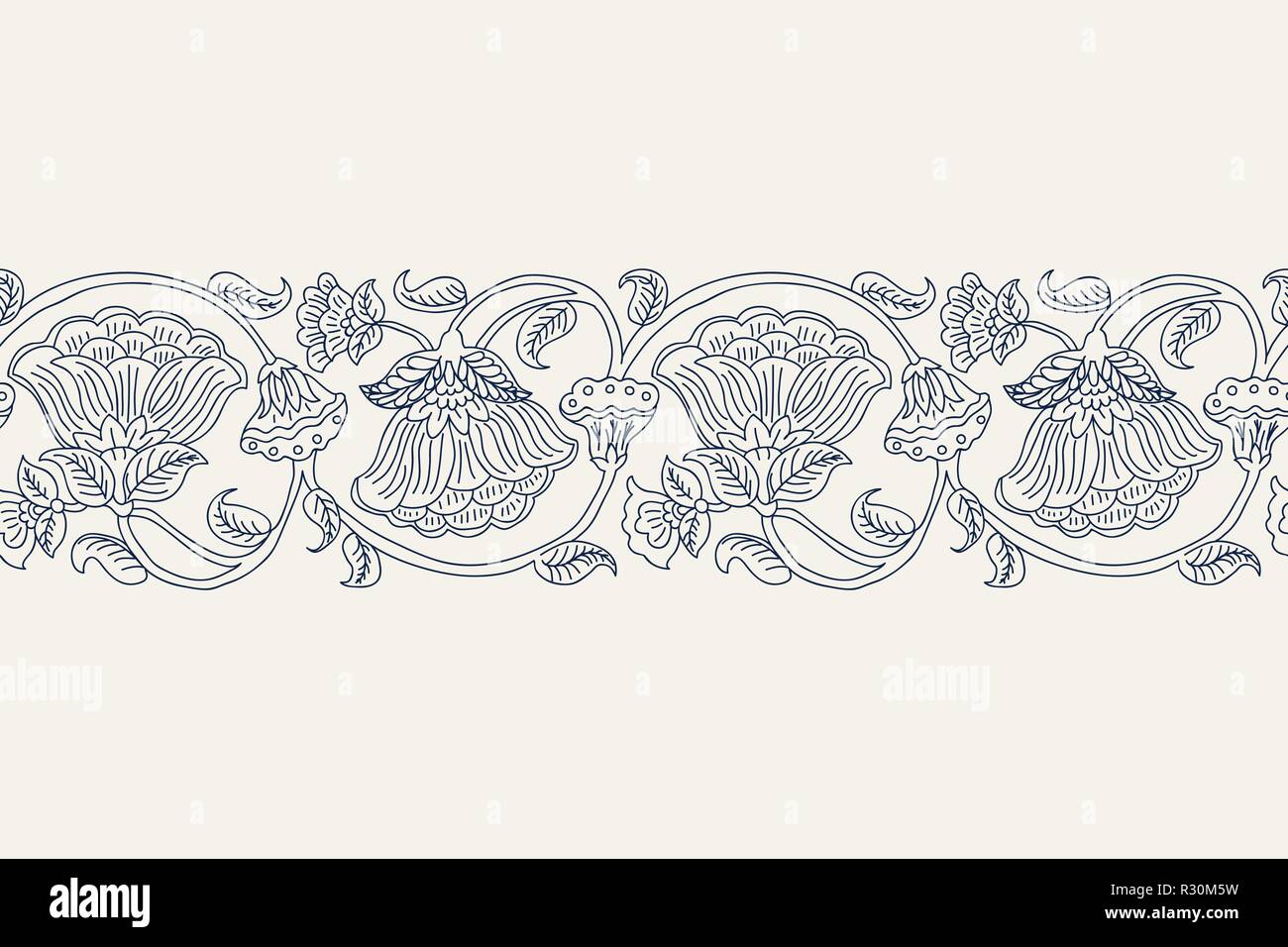 Woodblock printed indigo dye seamless ethnic floral border. Traditional ...