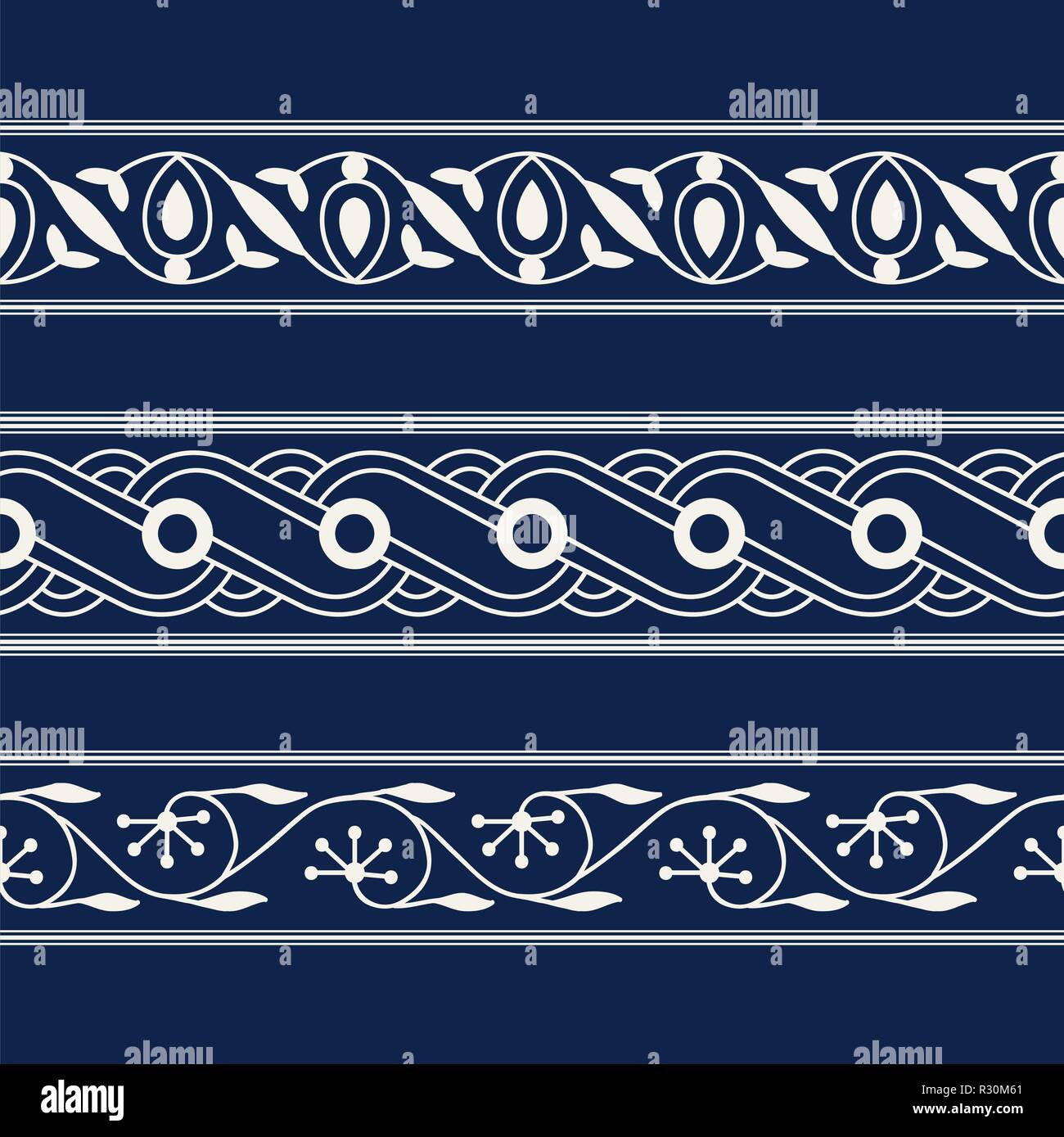 Set of 3 seamless woodblock printed indigo dye ethnic floral borders ...