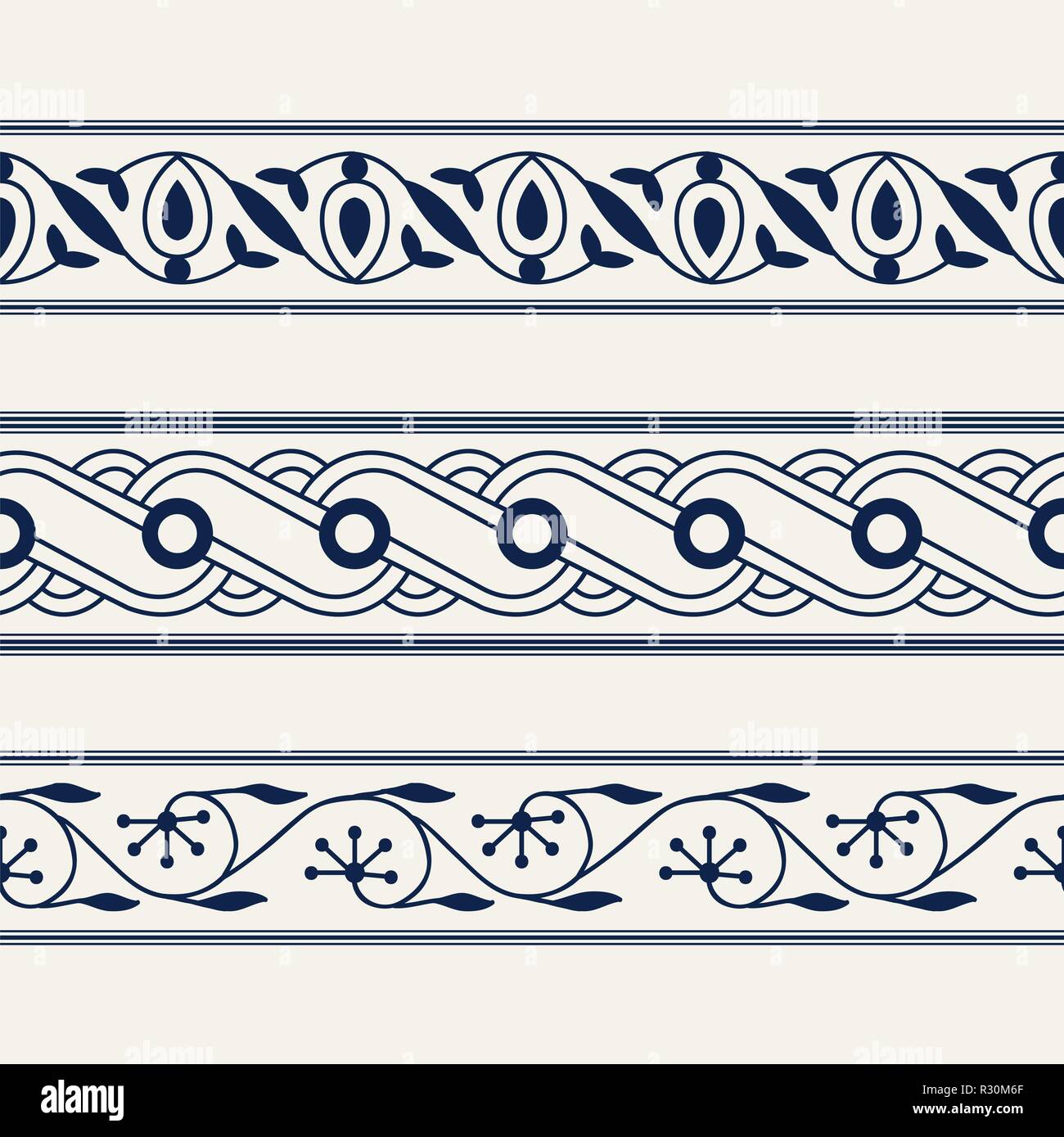 Set of 3 seamless woodblock printed indigo dye ethnic floral borders ...