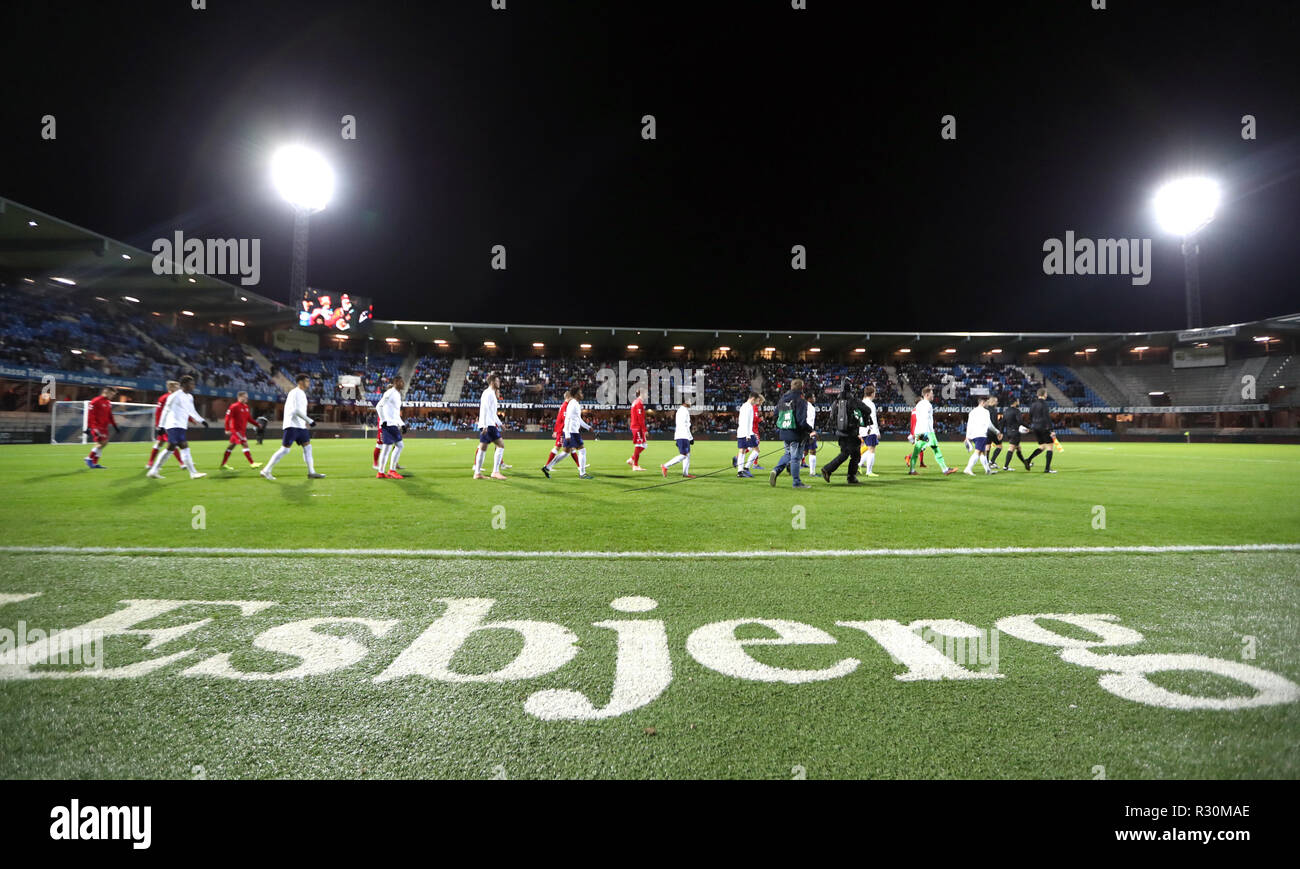 The teams walk out for the international friendly match at the Blue ...