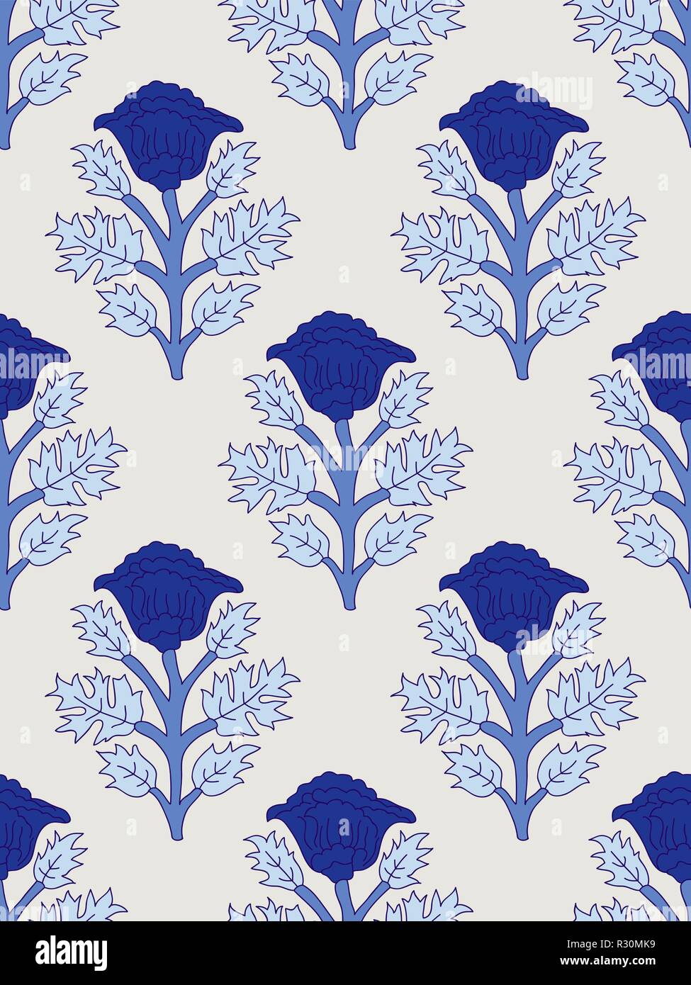 Woodblock printed indigo dye seamless ethnic floral all over pattern ...