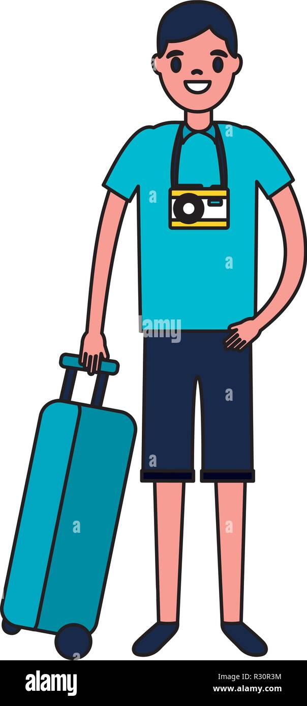 tourist man with travel suitcase vacations vector illustration Stock ...