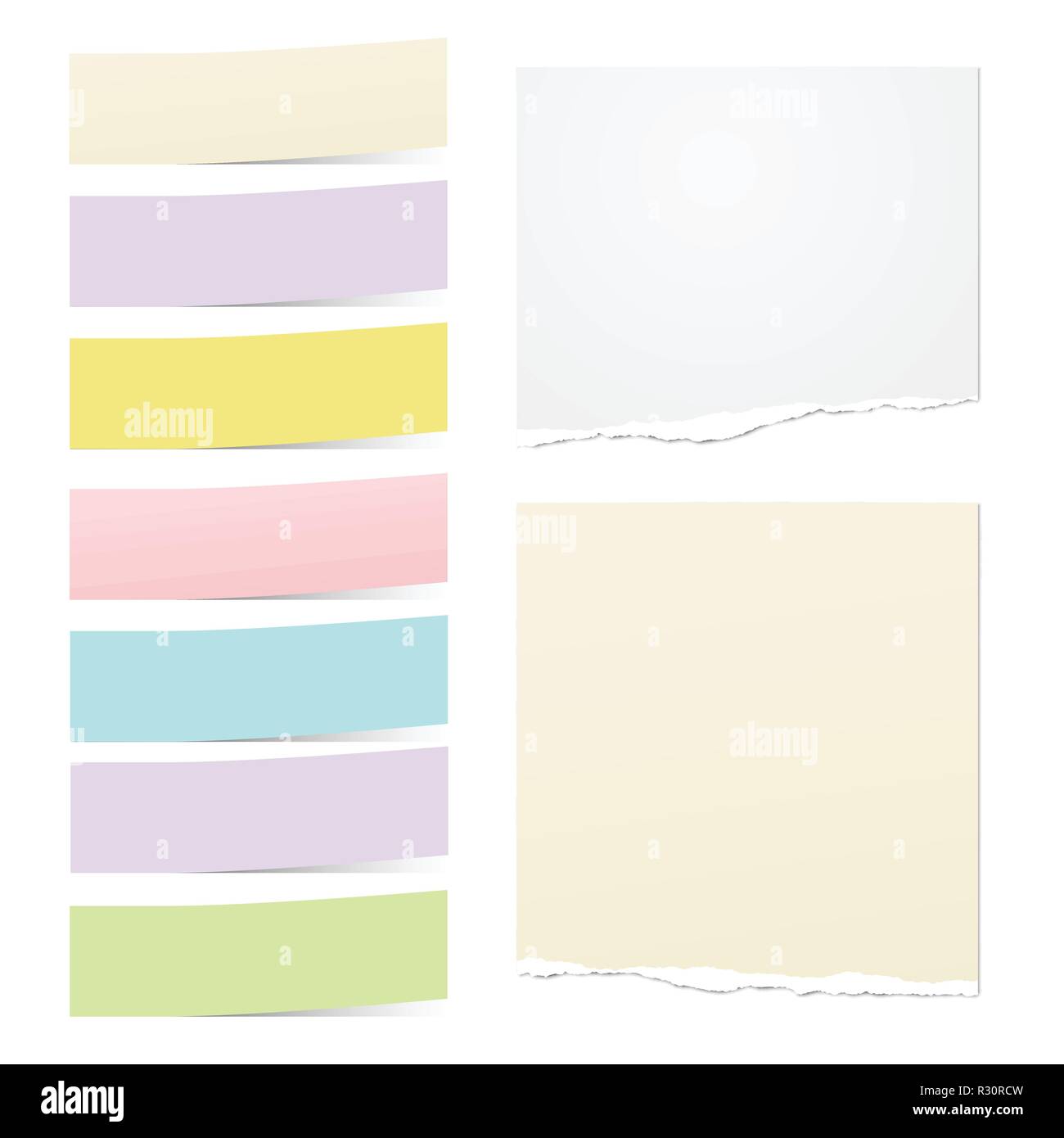 White ripped notebook paper, colorful note paper strips for text or ...
