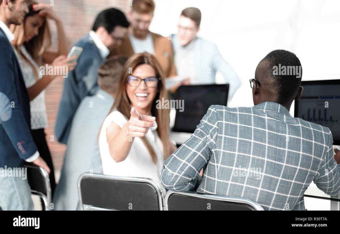 background image of happy employees in the office Stock Photo - Alamy