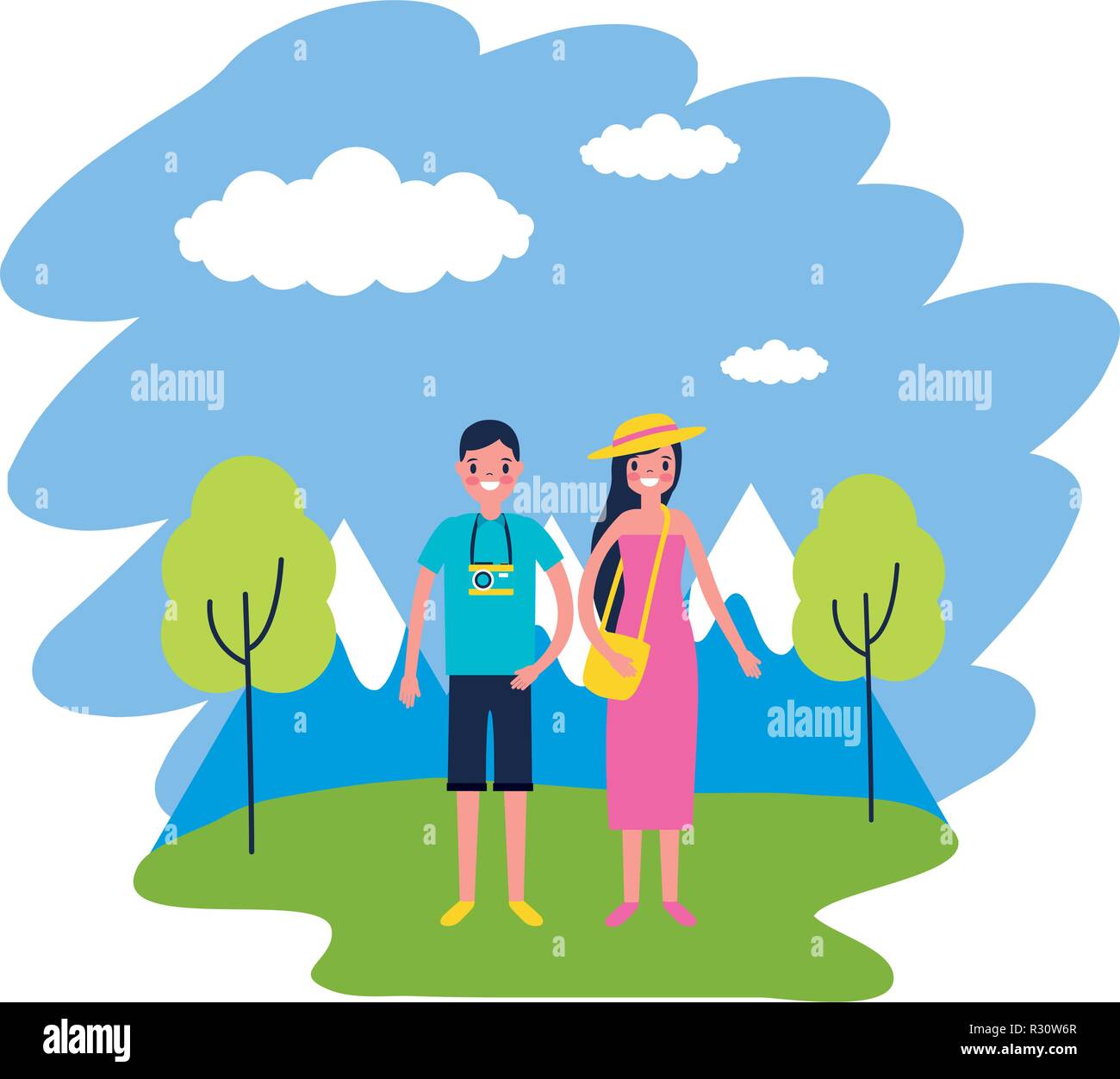 couple mountains trees travel vacations vector illustration Stock ...