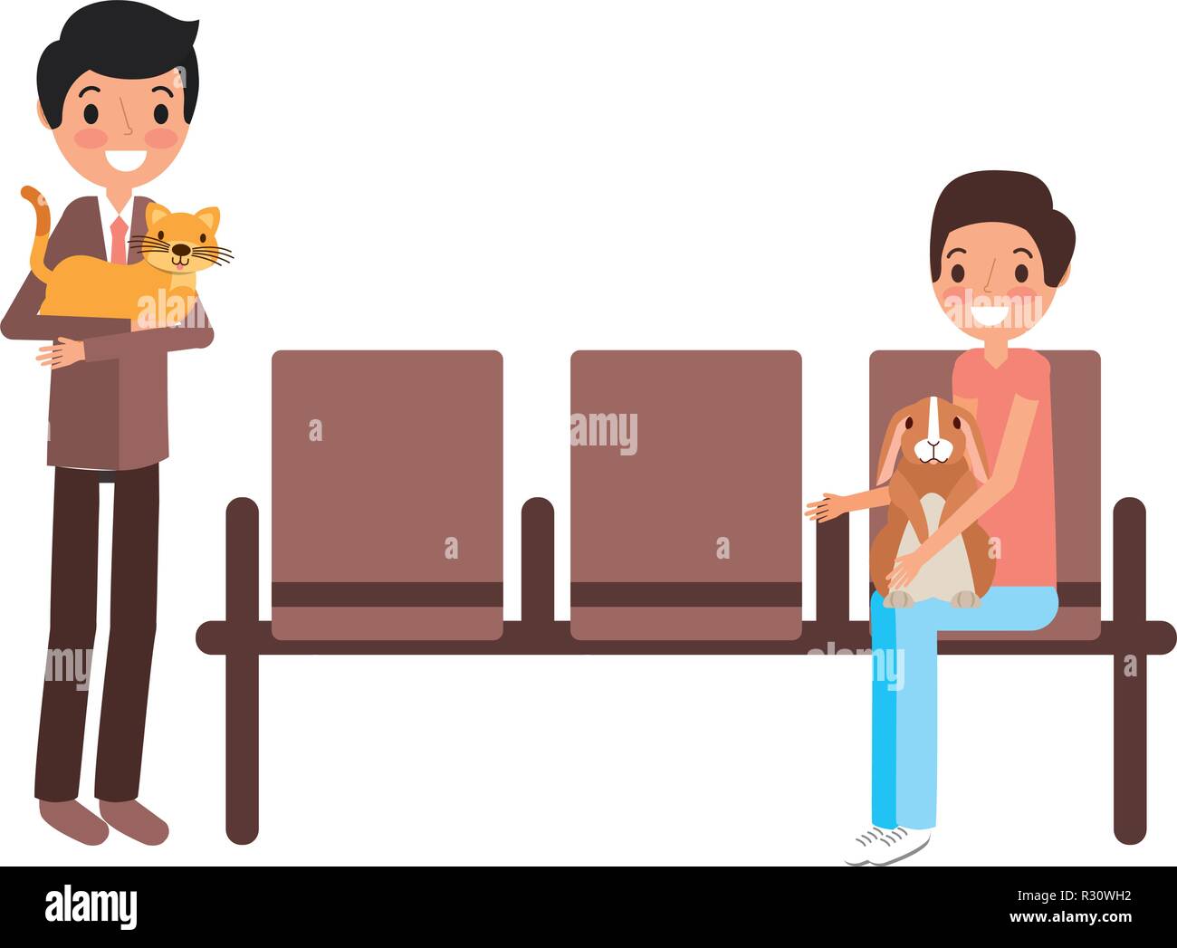 owners with rabbit and cat waiting on chairs vector illustration Stock ...