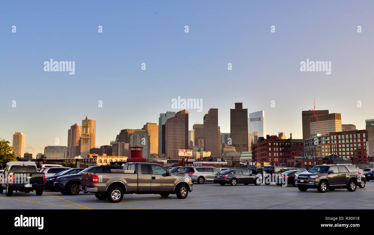 Looking across car park at skyline of Boston, Massachusetts, tall ...