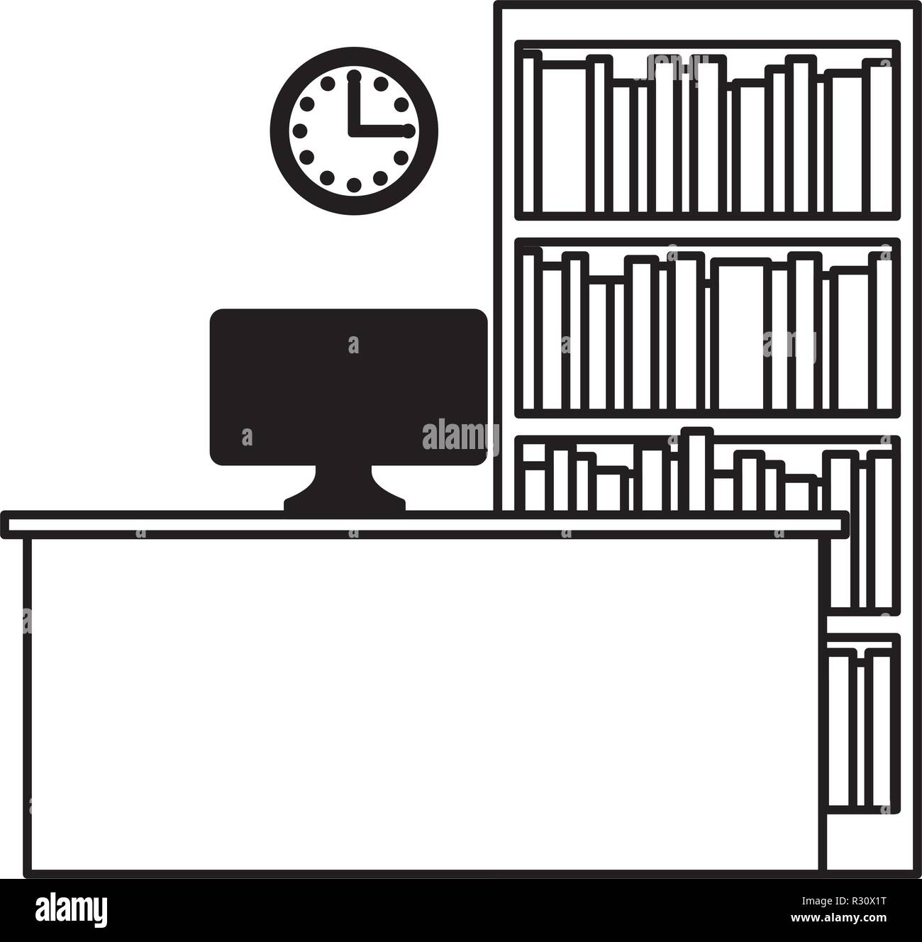 workplace computer clock bookshelf books vector illustration vector ...