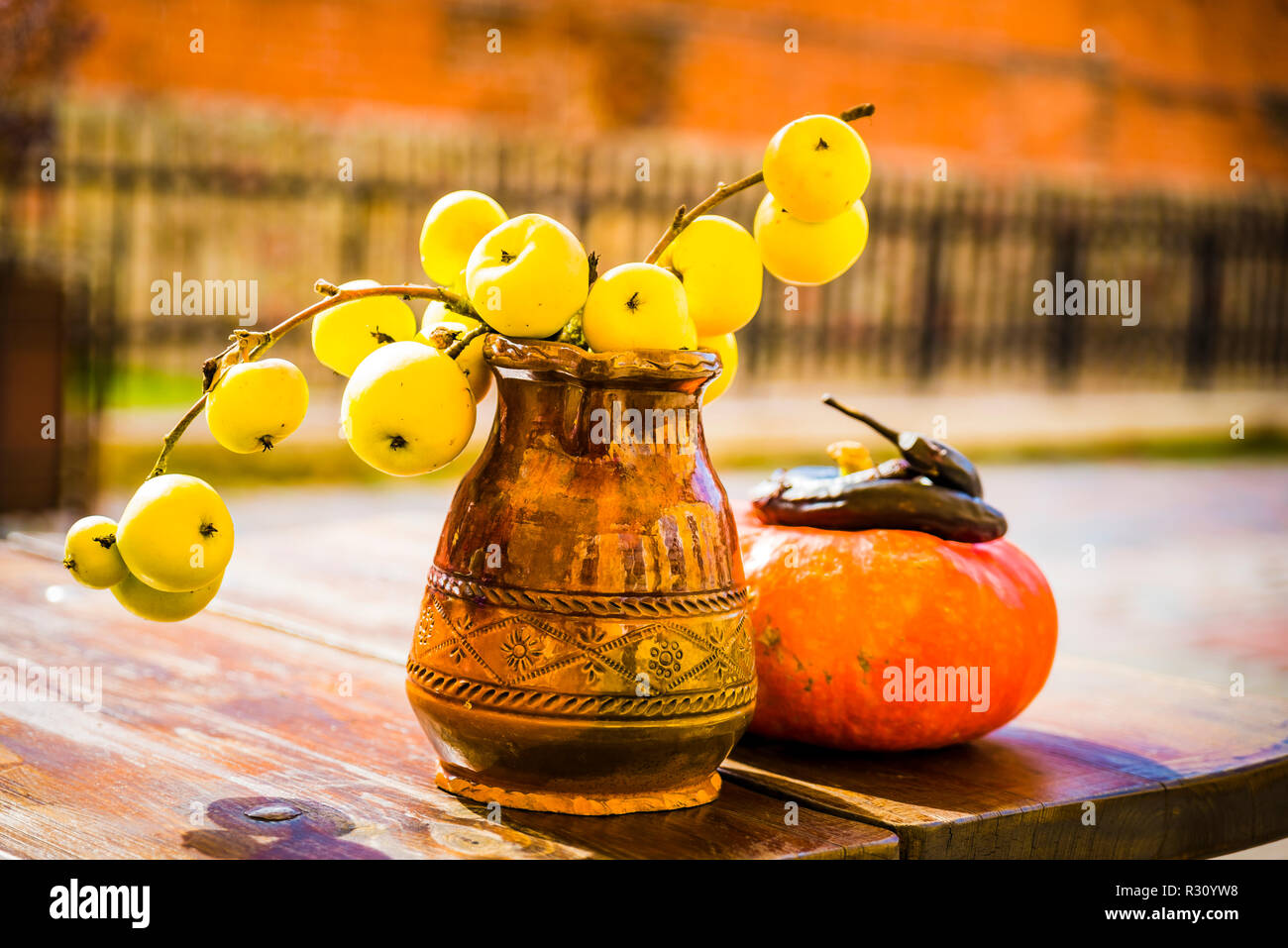 Centerpiece made with natural elements on the table of a restaurant ...