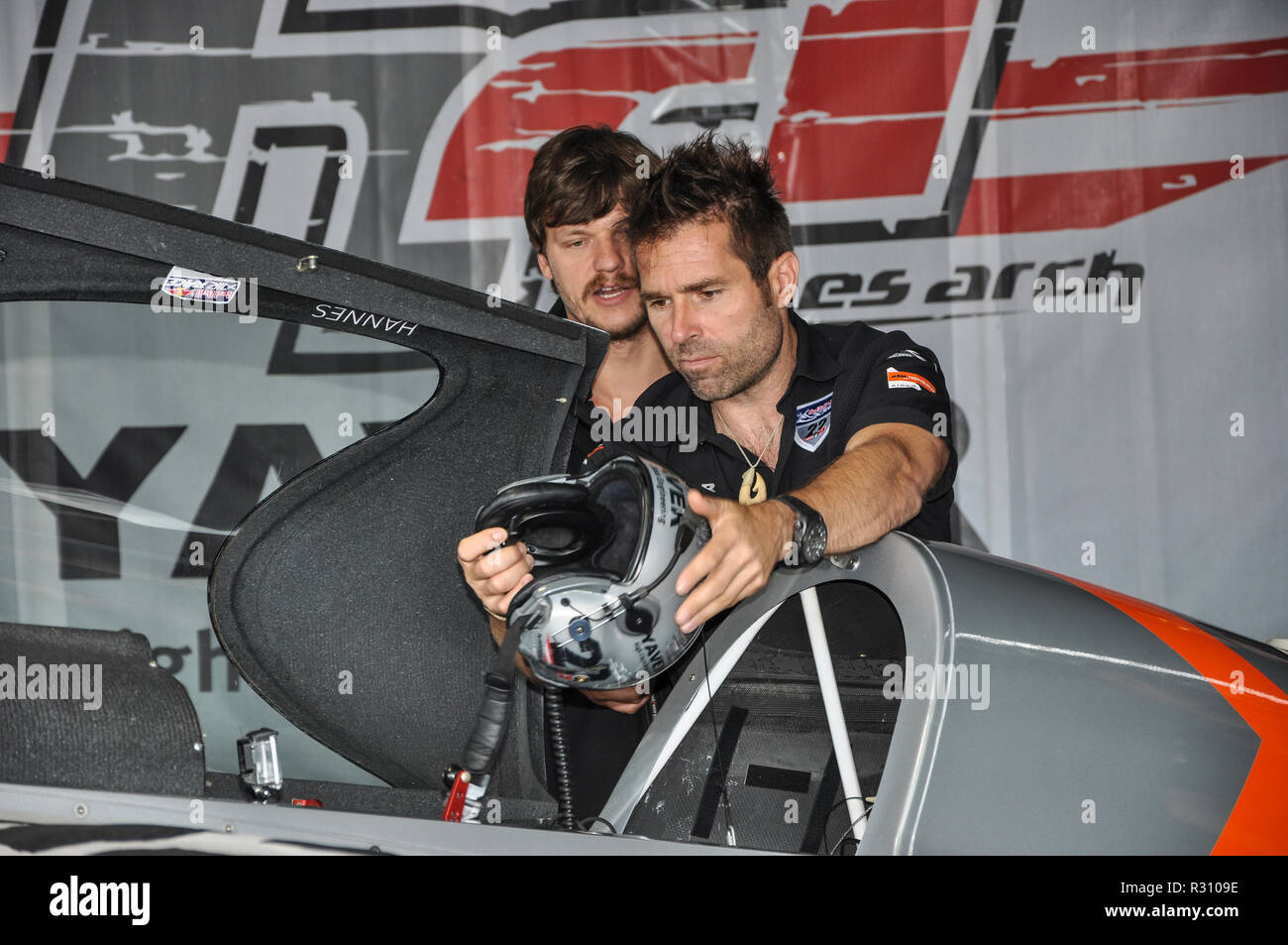 Hannes Arch, Red Bull Air Race pilot preparing his racing plane before ...