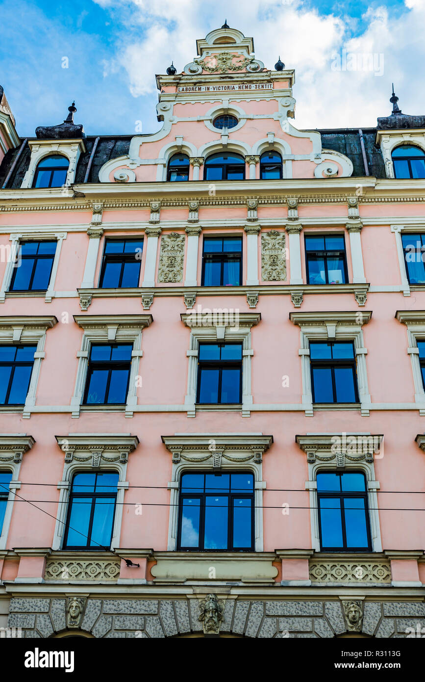 Art nouveau architecture in Riga - Old building, Latin sophism: Laborem ...
