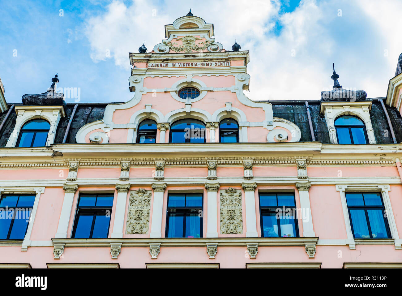 Art nouveau architecture in Riga - Old building, Latin sophism: Laborem ...