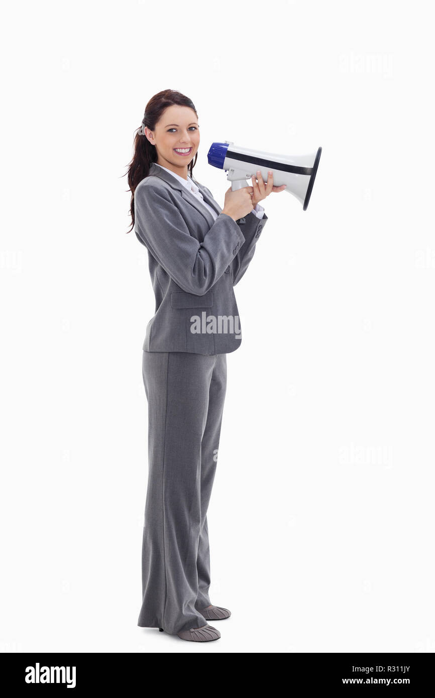 Leader megaphone message smile woman hi-res stock photography and ...