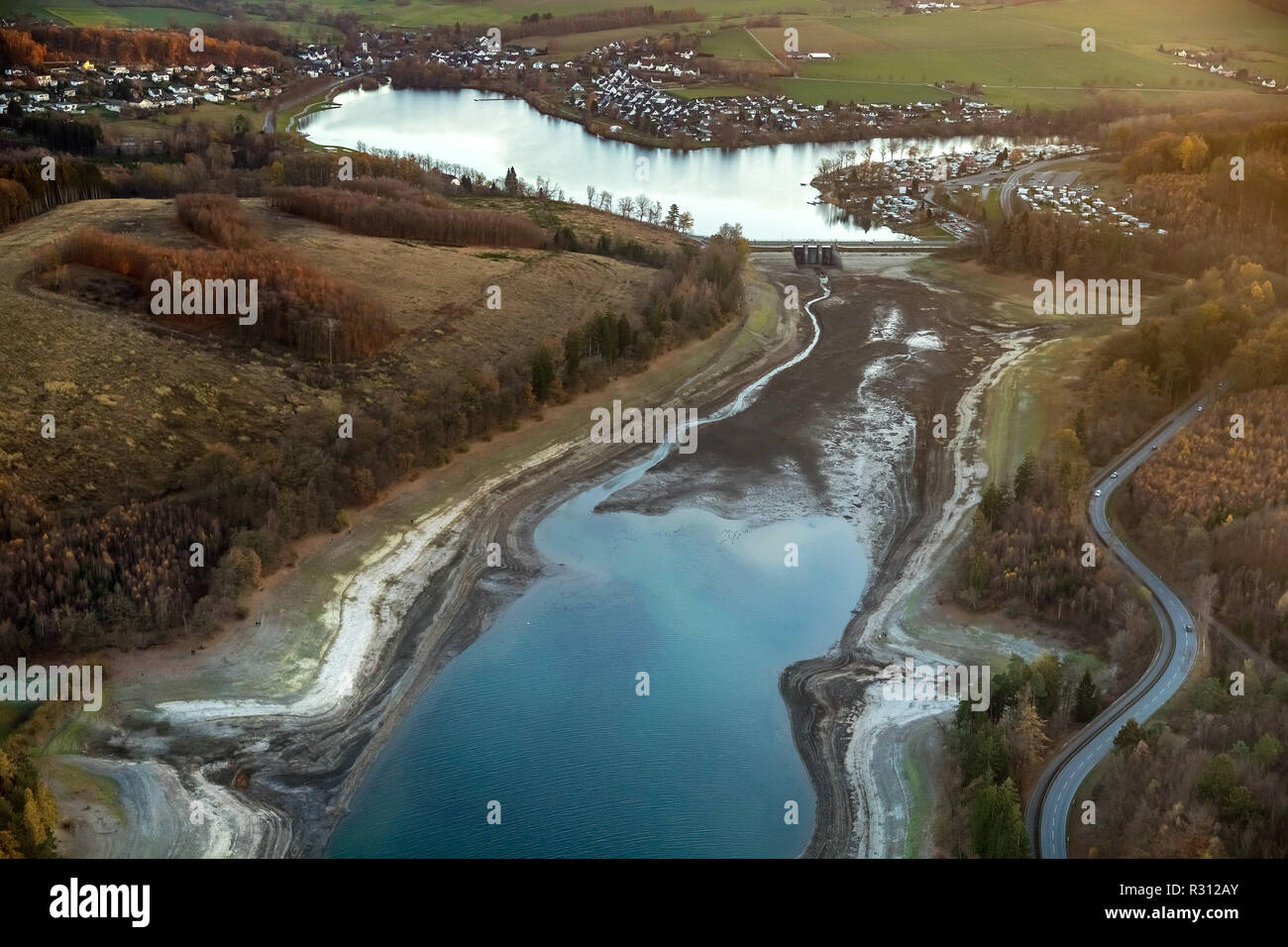 Aerial view, Sorpesee, low water level, low water, wide dry shore area ...
