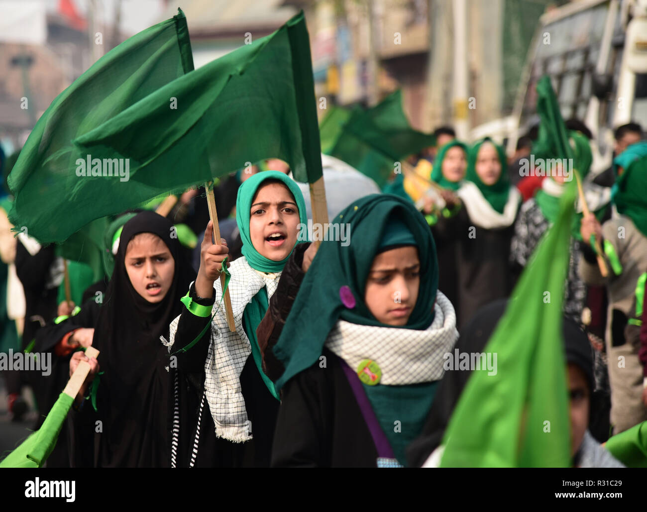 Kashmiri Shia Muslim students are seen shouting Religious slogans ...