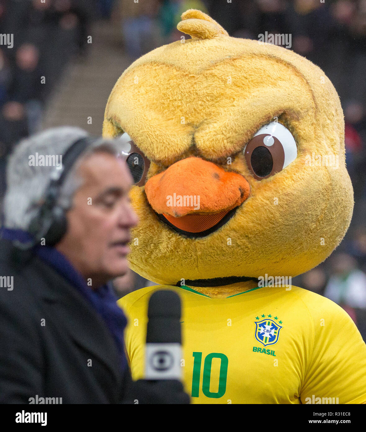 Milton Keynes, UK. 20th Nov 2018. The Brazil mascot Canarinho watches ...