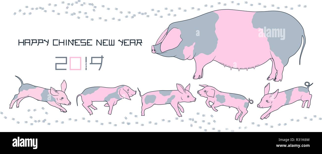 Pig and piglets family. Happy chinese new 2019 year gift card. Big ...