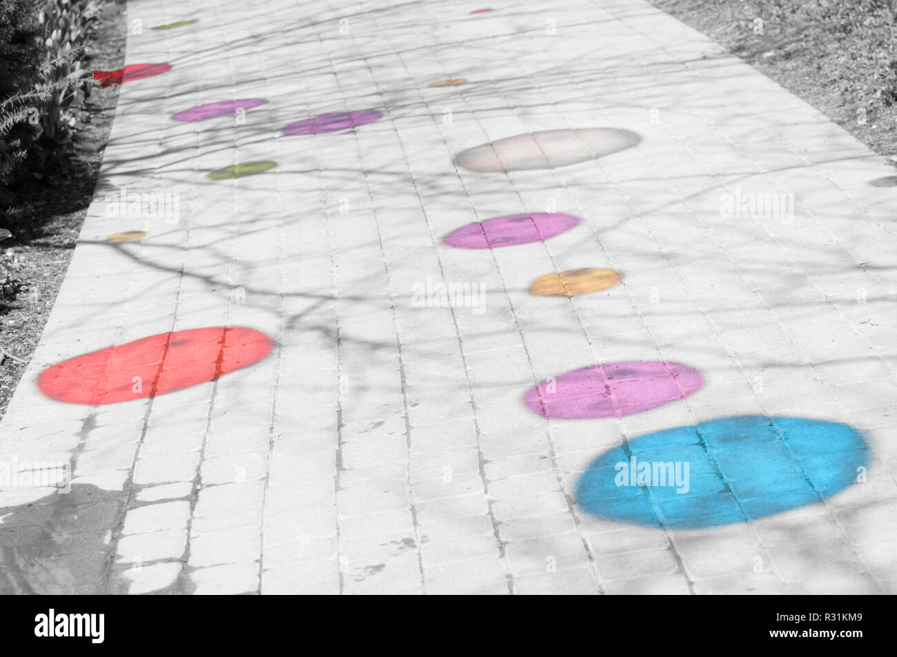 Colored dots on a black and white path. Concept Stock Photo - Alamy