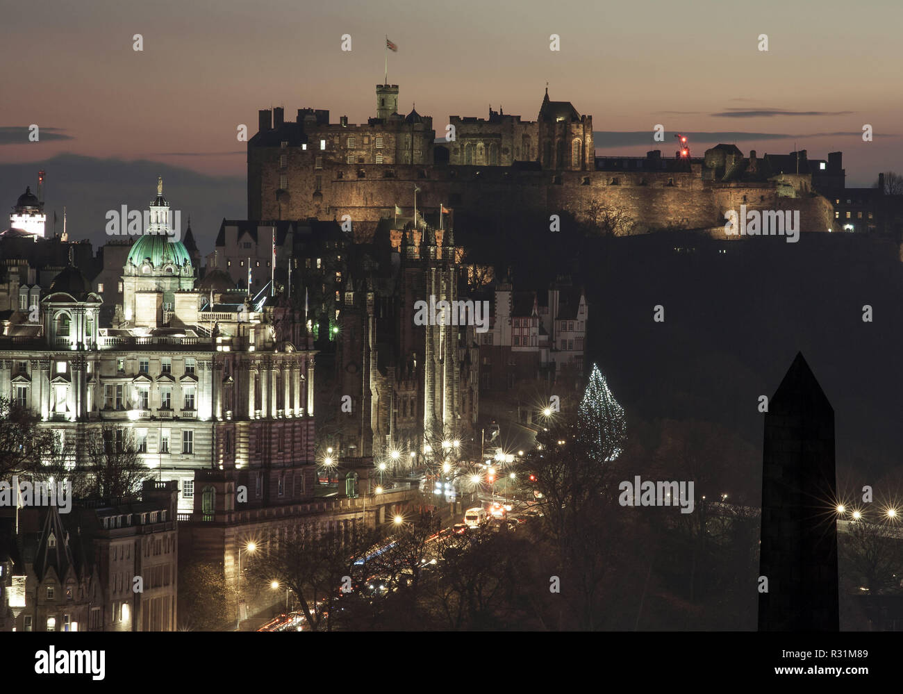 Edinburgh, Scotland. 11/18/18. View of Edinburgh's Castle at dusk from ...