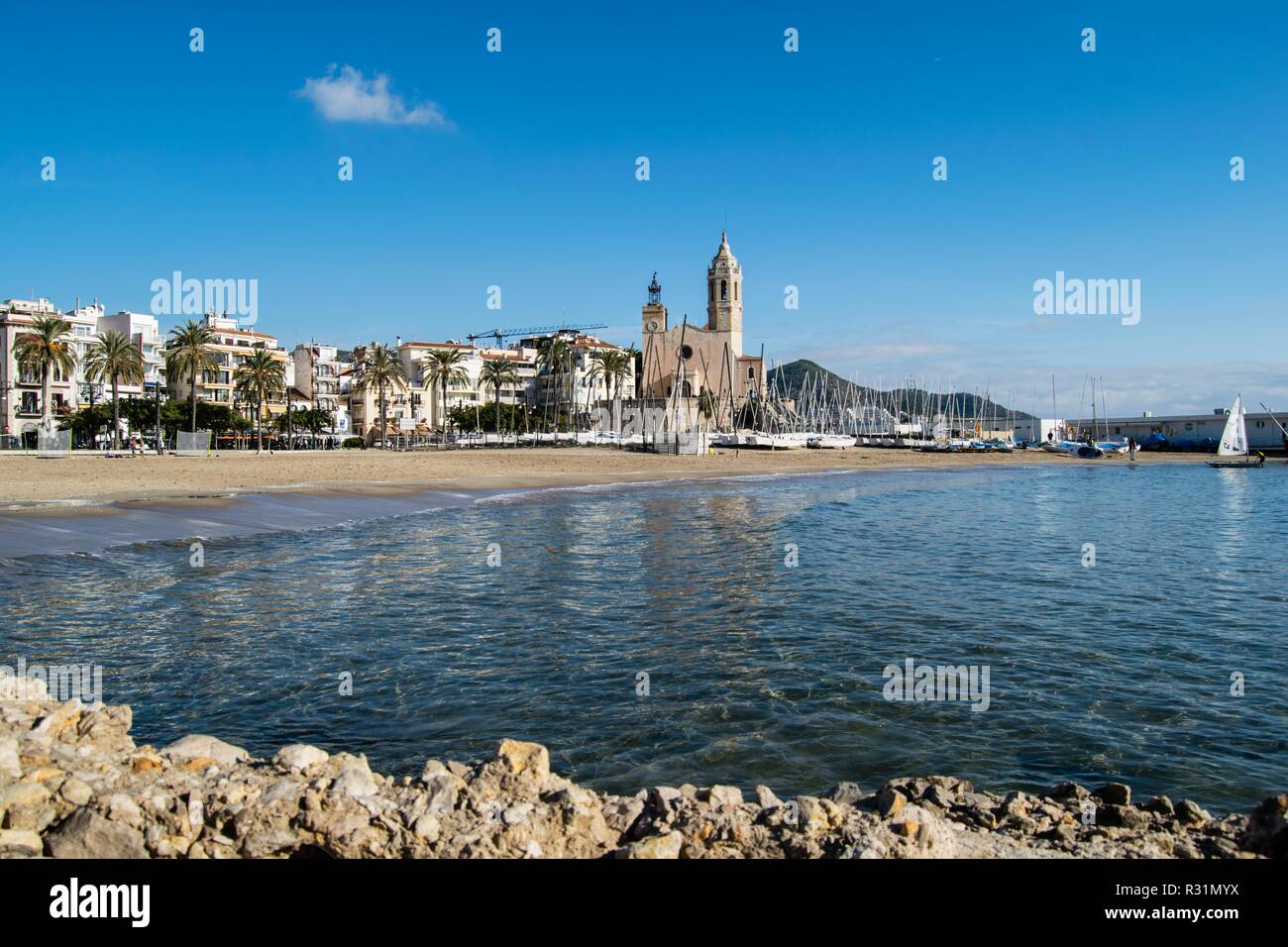 The beautiful town of Sitges, winter Spain, Landscape of the coastline ...