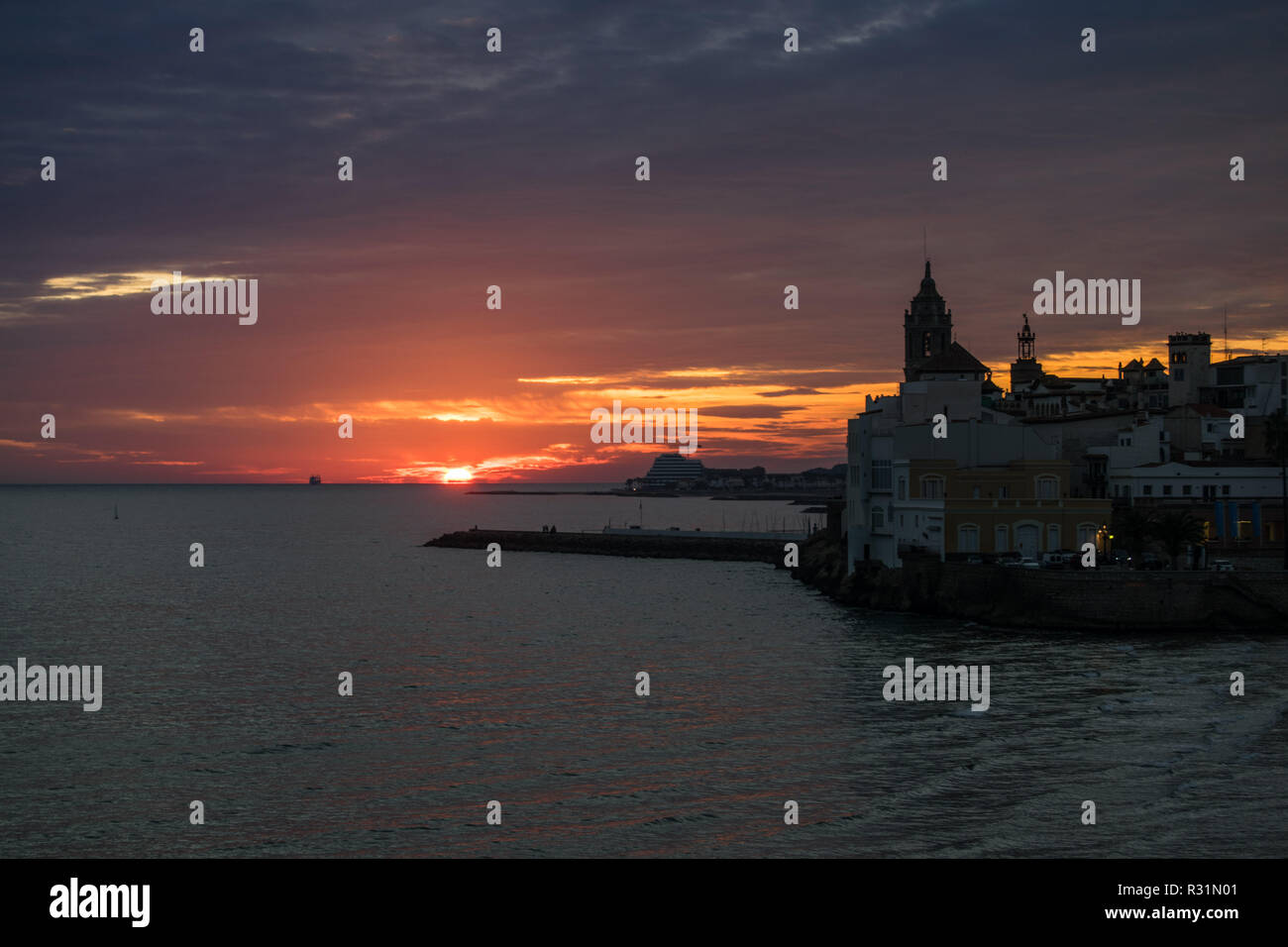 Beautiful town of Sitges at sunset, Sunset view in Sitges, Spain Stock ...