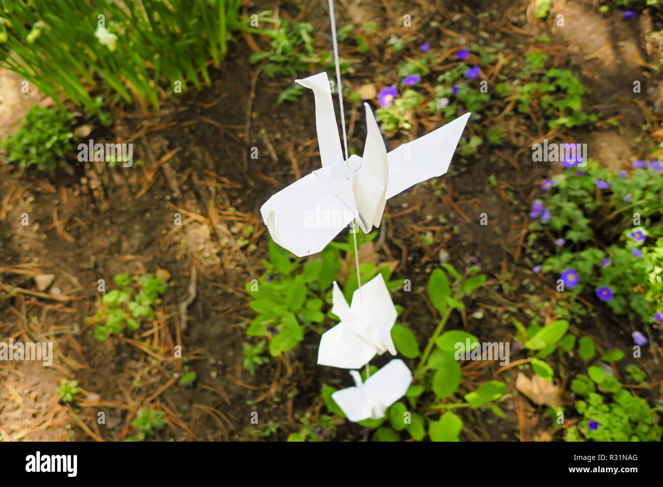 A garden of white orgami swans Stock Photo - Alamy