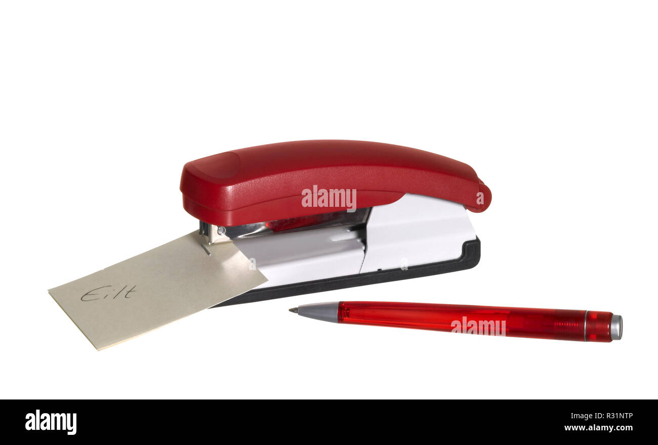 red stapler with paper and pen Stock Photo - Alamy